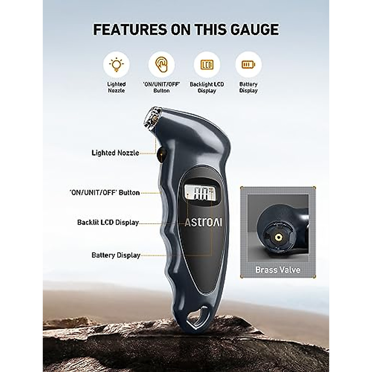 AstroAI Digital Tire Pressure Gauge with Replaceable AAA Battery, 150 PSI 4 Settings Stocking Stuffers for Car Truck Bicycle Backlit LCD Non-Slip Grip Car Accessories, Gray