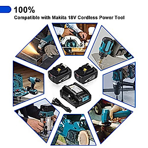 【18 Volt 6.0Ah BL1860B】 2Packs Replacement Battery and Charger for Makita 18V Battery Lithium BL1860 BL1850 BL1845 BL1840 BL1830 BL1820 BL1815 BL1860B Battery + 1 Charger for Makita 14.4v-18V Battery