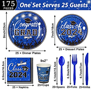 LELEMON Graduation Party Supplies Serves 25 Graduation Party Blue Class of 2024 Tableware Disposable Dinner Plates Dessert Plates Napkins Knife Fork Spoon for Congrats Grad Party Decorations