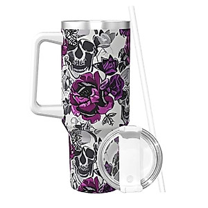 ZHSGNMHH Floral Skull 40oz Tumbler With Handle And Straw Stainless Steel Hot/Cold Travel Coffee Cup With Lid