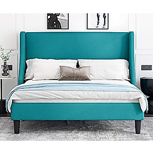 Allewie Full Size Bed Frame, Platform Bed Frame with Upholstered Headboard, Modern Deluxe Wingback, Wood Slat Support, Mattress Foundation, Peacock Green