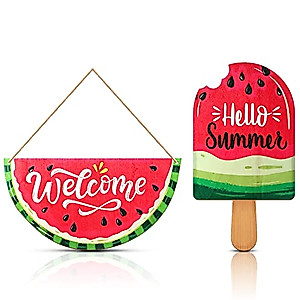 Watermelon Hanging Sign 2 Pieces Watermelon Welcome Door Hanger Wooden Decor Hello Summer Door Decor Watermelon Hanging Decor for Front Door Wreath Home Decor