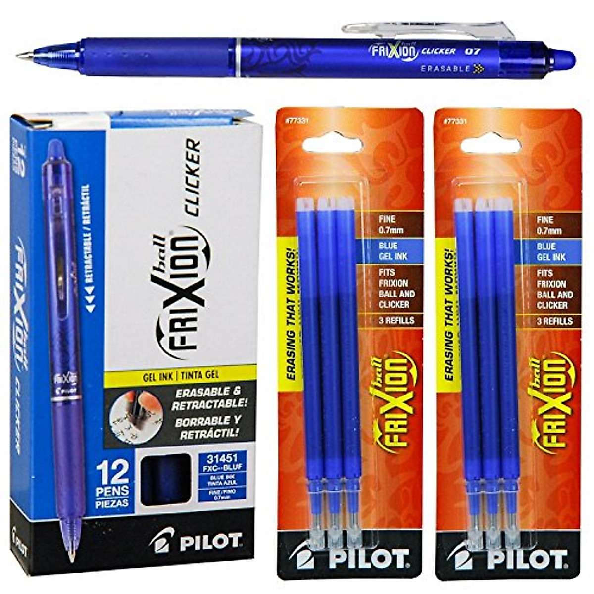 Pilot FriXion Clicker Retractable Gel Ink Pens, Eraseable, Fine Point 0.7mm, Blue Ink, Pack of 12 with Bonus 2 Packs of Refills