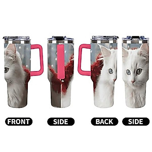 LLUTSNTH 40 Oz Vacuum Tumbler with Light Rose Red Handle Leakproof Insulated Tumbler Cute White Cat Stainless Steel Travel Mug with Lid And Straw Coffee Cup Cute Water Bottles Cup Holder Friendly