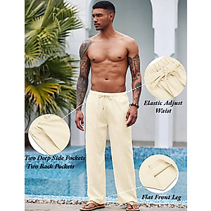 COOFANDY Men Linen Yoga Beach Cool Long Pants Stretchy Drawstring Waist Trousers