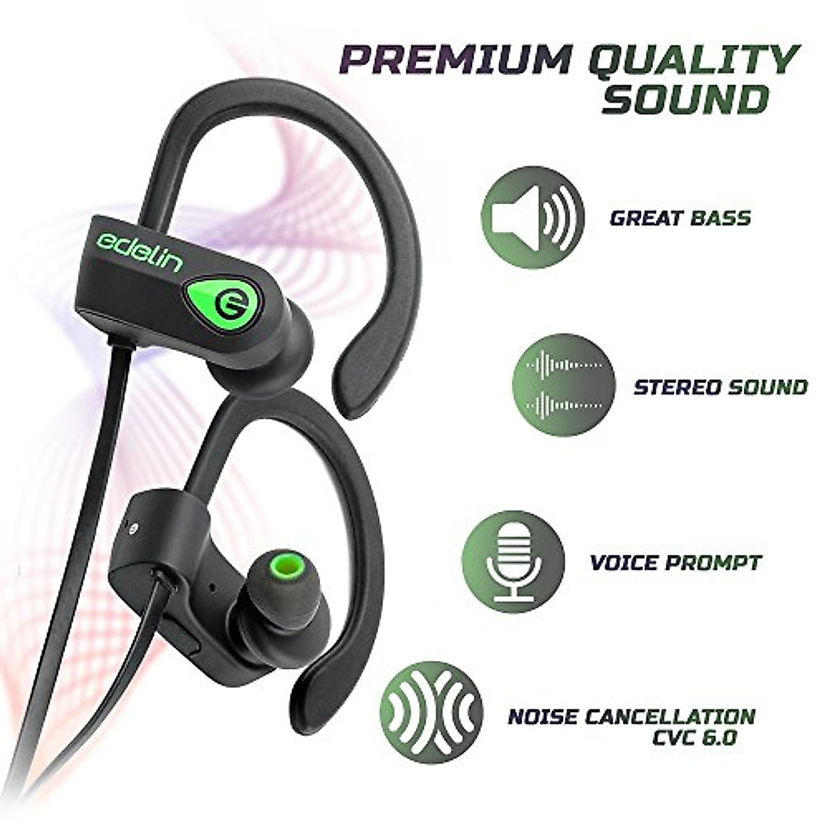Edelin Bluetooth Headphones - Wireless Earbuds with Mic HD Stereo Noise Cancelling Waterproof IPX7 for Sport Running Gym - Earphones Compatible iPhone 8 X Samsung Galaxy S9 Android iOS - Headset