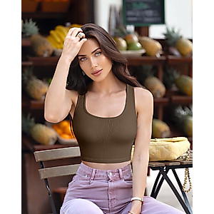 OQQ Women's 3 Piece Crop Tank Tops Ribbed Seamless Workout Sleeveless Shirts Racerback Crop Tops Black Coffee Beige