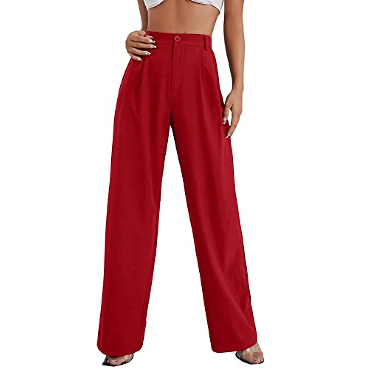 SweatyRocks Women's Casual Wide Leg High Waisted Botton Down Straight Long Trousers Pants Red L