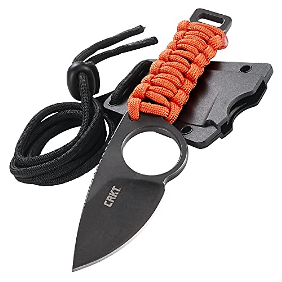 CRKT Tailbone EDC Knife: Everyday Carry Fixed Blade Drop Point Knife with Black Stonewash Finish, Orange Cord Wrapped Handle, Sheath 2415