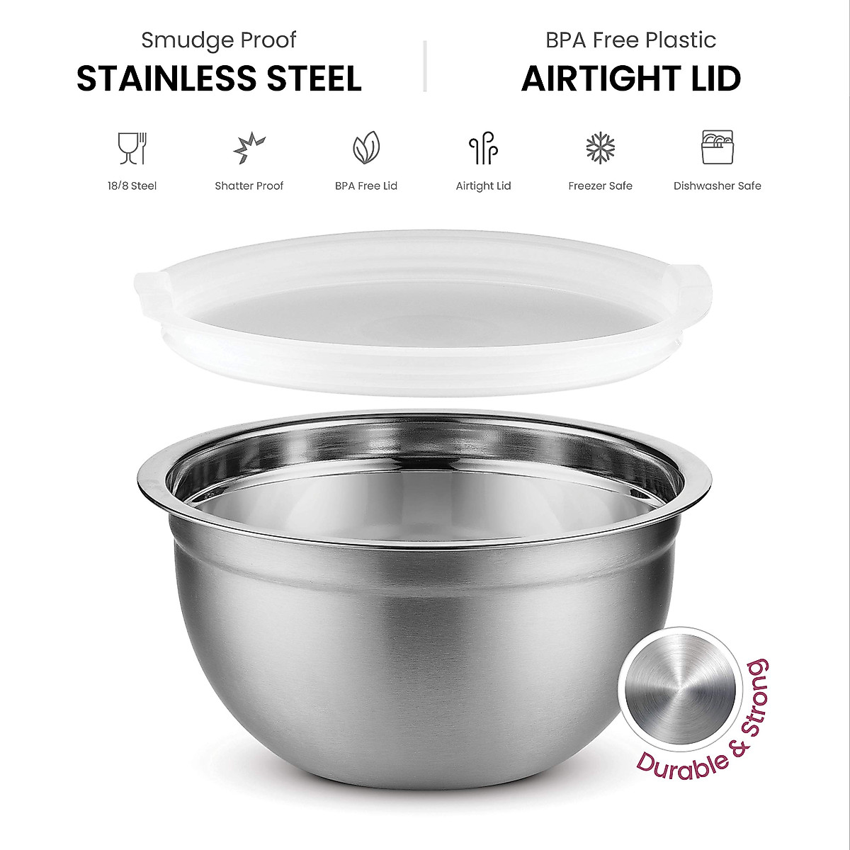 FineDine Stainless Steel Mixing Bowls Set with Lids, Home Kitchen Cooking Essentials Household Must Haves for Baking, 5 Pieces