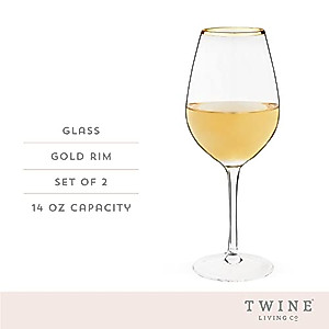 Twine Gilded Wine Glasses Drinking Set, Gold Rimmed Wine Glass Set, Stemmed Wine Drinking Glasses Set, Wine Accessories, Glassware Set, Set of 2, 14oz