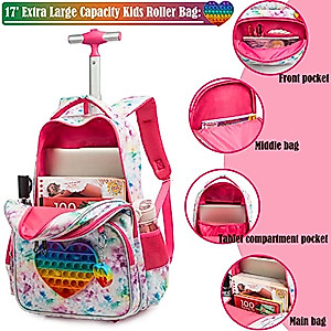 Egchescebo School Bags Kids Rolling Love Backpack for Girls Luggage Suitcase With Wheels Trolley Wheeled Backpacks for Girls Travel Bags 17' 3PCS Toy With Lunch Box Red