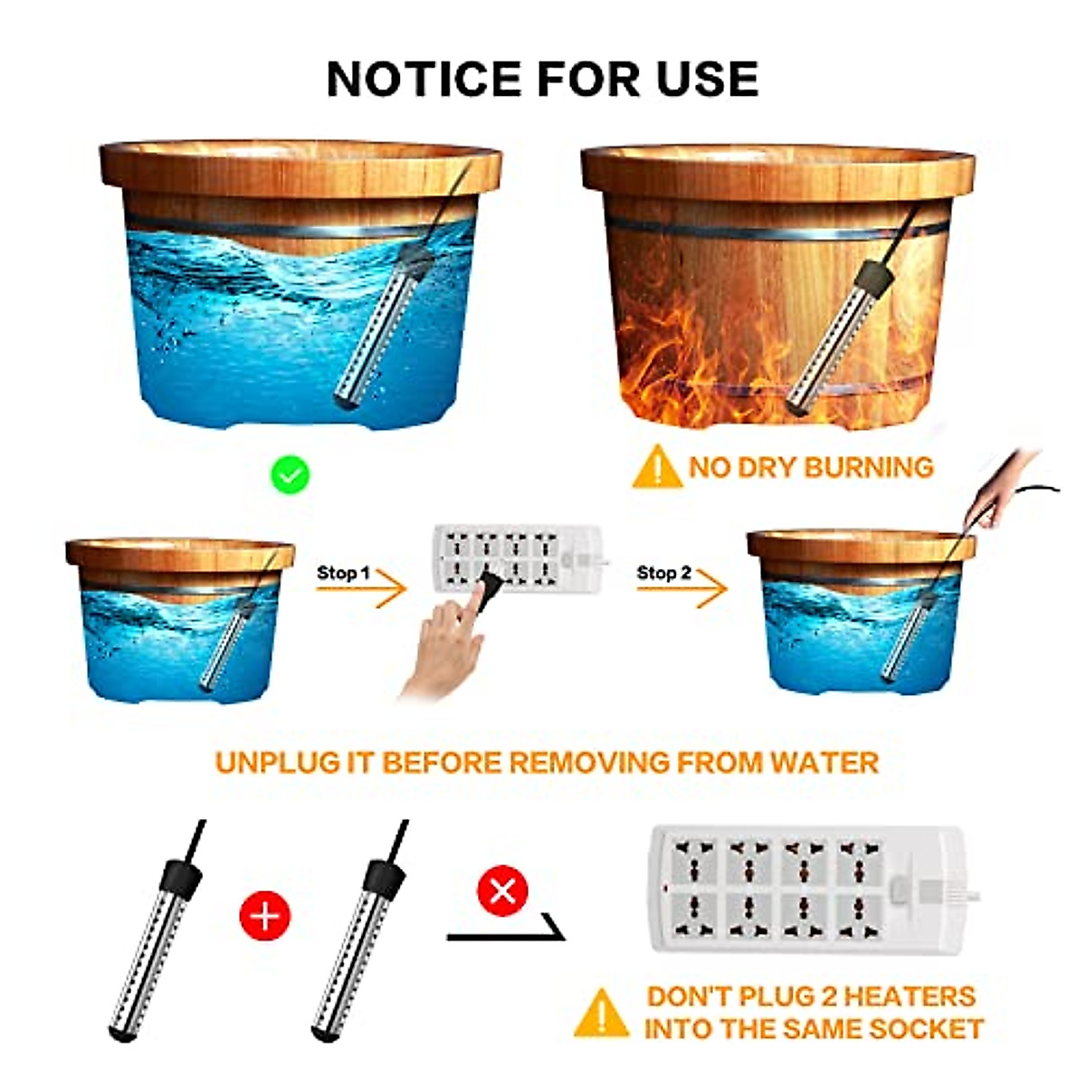 BIRD WISH Water Trough Heater, 1500W Thermostat Control Double Safety Protection Immersion Hot Water Heater Element with Auto Shut Off for Pool, Bucket, Bathtub,Stock Water Tank