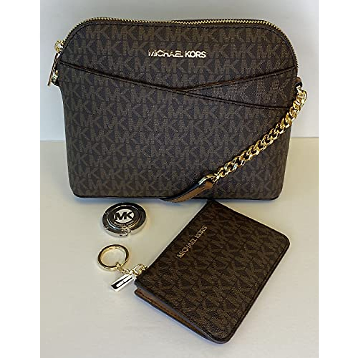 Michael Kors MICHAEL Michael Kors Jet Set Travel MD Dome XCross Crossbody bundled with SM TZ Coinpouch Purse Hook (Signature MK Brown)