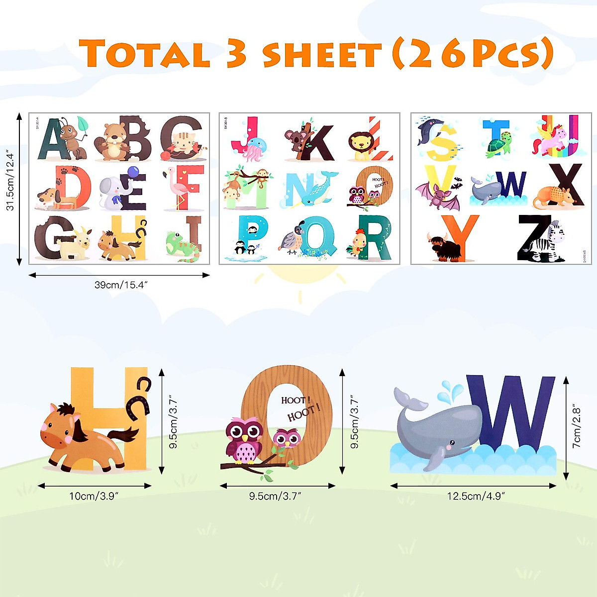 OOTSR 26 Alphabet Wall Decals, Removable Wall Decals Stickers Decor, Colourful Animal Alphabet ABC Wall Stickers for Nursery Bedroom Living Room décor
