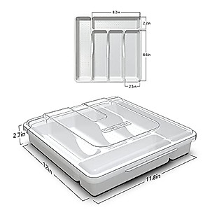 QINOL Silverware Tray with Lid, Utensil Drawer Organizer for Kitchen Countertop Plastic Flatware Organizers and Storage holder 5 Compartments White