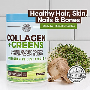 COUNTRY FARMS Collagen Peptides Powder with Greens Dietary Powder Supplement (Type I, III) for Skin Hair Nail and Joints, Dairy/Gluten/Sugar Free, Energizing Superfoods, 21.2 Oz, 60 Servings