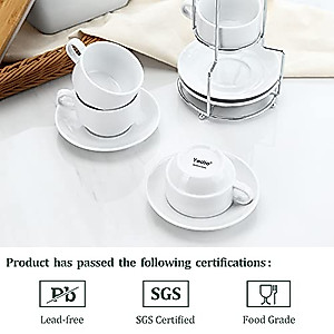Yedio Porcelain 4 oz Espresso Coffee Cups with Saucers and Metal Stand, Porcelain White Stackable Cappuccino Cups Set of 4