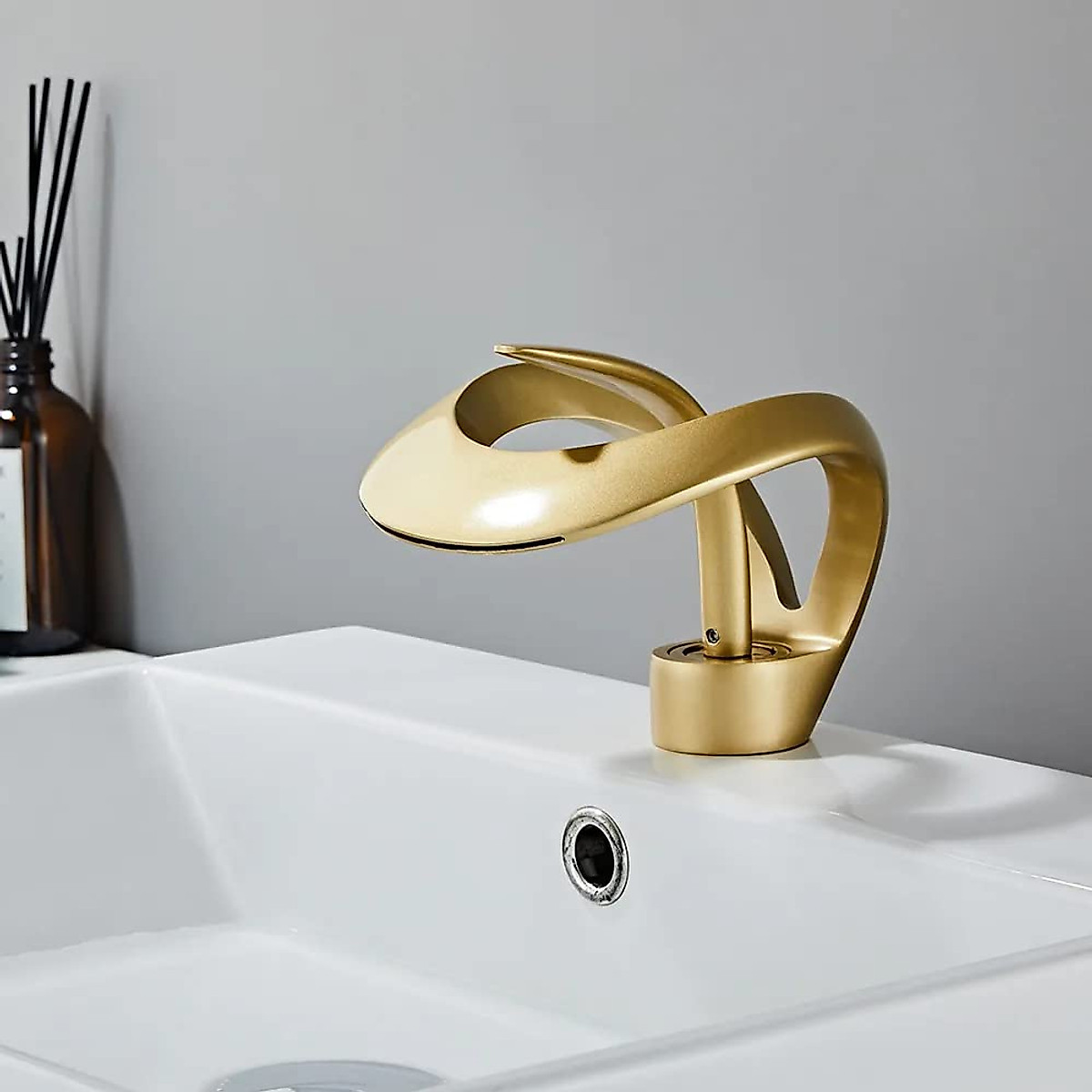 Lovedima Elegant Waterfall Single Handle 1-Hole Bathroom Vessel Sink Faucet Solid Brass Lavatory Vanity Sink Faucet,Frosted Gold