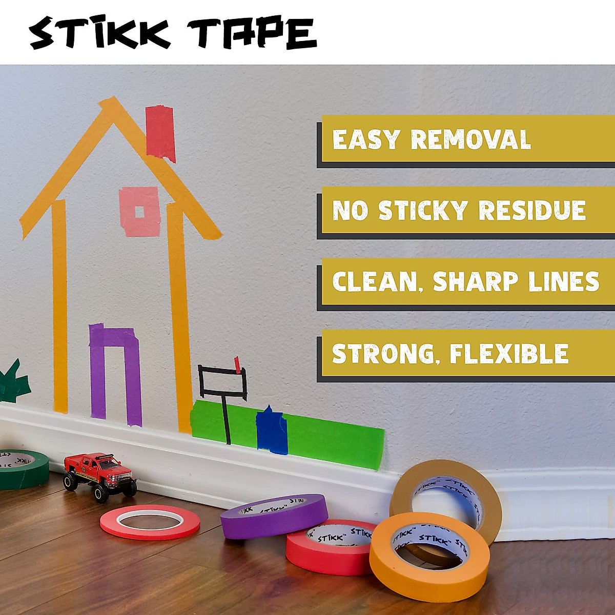 STIKK Painters Tape - 3pk Yellow Painter Tape - 1 inch x 60 Yards - Paint Tape for Painting, Edges, Trim, Ceilings - Masking Tape for DIY Paint Projects - Residue-Free Painting Tape