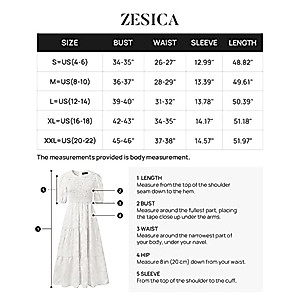 ZESICA Women's 2023 Summer Short Puff Sleeve Crewneck Smocked Floral Lace Flowy A Line Tiered Midi Dresses,White,Medium