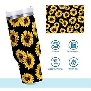 MCHIVER Black Sunflowers 30 oz Tumbler with Handle and Straw Stainless Steel Vacuum Water Bottle Leak-proof Travel Coffee Mug Insulated Water Bottle for Car Home Office