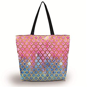 Baocool Gym Bag Shopping tote bags,Women Men Boys Girls Travel Beach Grocery shoulder bag with Zipper,Reusable Gym Picnic Work Daily Use (Mermaid Scale)