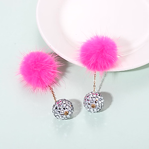 Hot Pink Earrings Disco Ball Earring for Women Pom Pom Dangle Earrings Reflective Mirrorball Earrings 70s 80s Disco Dance Party Costume Accessories Cowgirl Country Concert Outfits Halloween New Year