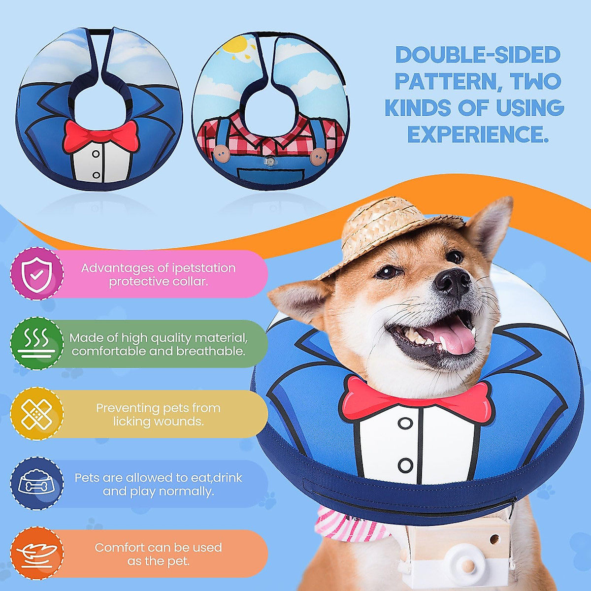 Dog Cone Collar, Adjustable Soft Dog Cone,Comfy Inflatable Dog Collars for After Surgery,Alternative to Cone of Shame,Dual-Sided Pattern Donut Collar for Small Medium Large Dogs,Not Block Vision（L）