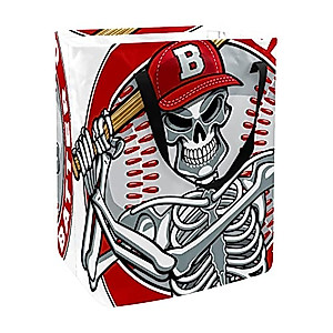 Human Skeleton Playing Baseball Print Collapsible Laundry Hamper, 60L Waterproof Laundry Baskets Washing Bin Clothes Toys Storage for Dorm Bathroom Bedroom