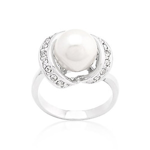Kate Bissett Rhodium Plated Pearl Ring with Round Cut Clear CZ Surrounding a Large Pearl Center stone Size 6