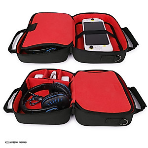 USA Gear Carrying Case Compatible with Logitech G Cloud, ASUS ROG Ally, PS5 Portal, Lenovo Legion Go & More - Protective Shoulder Bag Fits Headsets, Portable Console, AC Adapter, Dock Station - Red