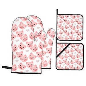Cute Pig Oven Mitts and Pot Holders Set of 4 Washable Heat Resistant Kitchen Gloves Waterproof Oven Gloves and Hot Pads for Cooking Grilling BBQ Baking