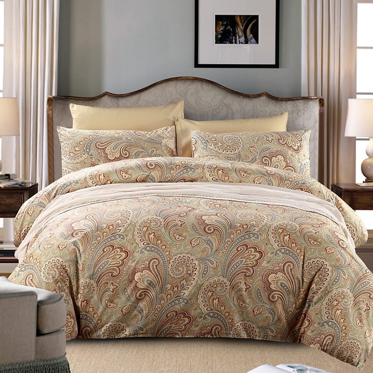 ABREEZE Cotton Damask Queen Duvet Cover Set Paisley Bedding Set 1 Duvet Cover with 2 Pillowcases 100% Egyptian Long-Staple Cotton Khaki,3pcs