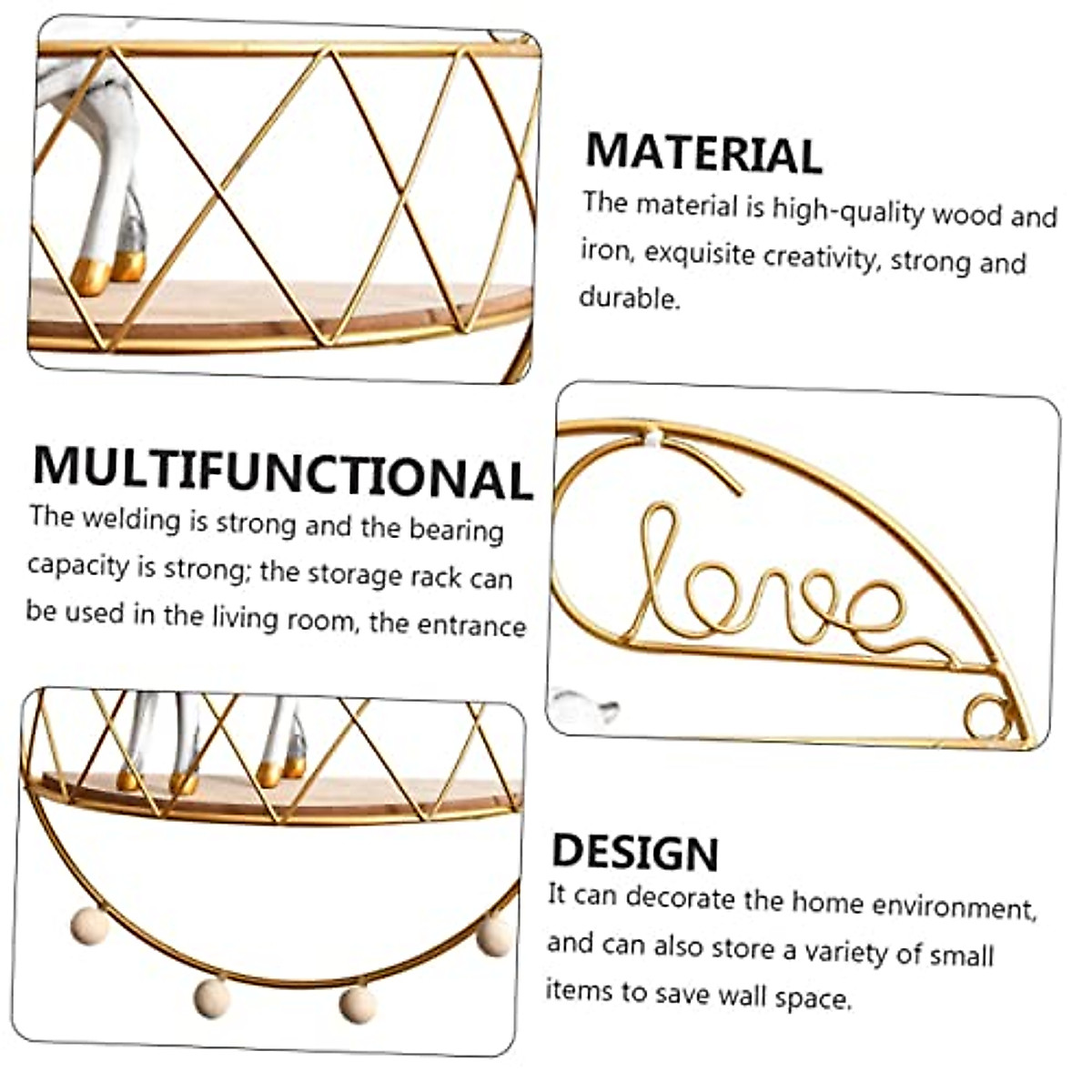 GETAJGHSD 1pc Wall Shelf Mounted Heart Shelf Wall Mount Clothing -Mounted Basket Farmhouse Display Shelf Wire Coat Hangers Wall-Mounted Storage Baskets Gold Shower Hanging Wooden