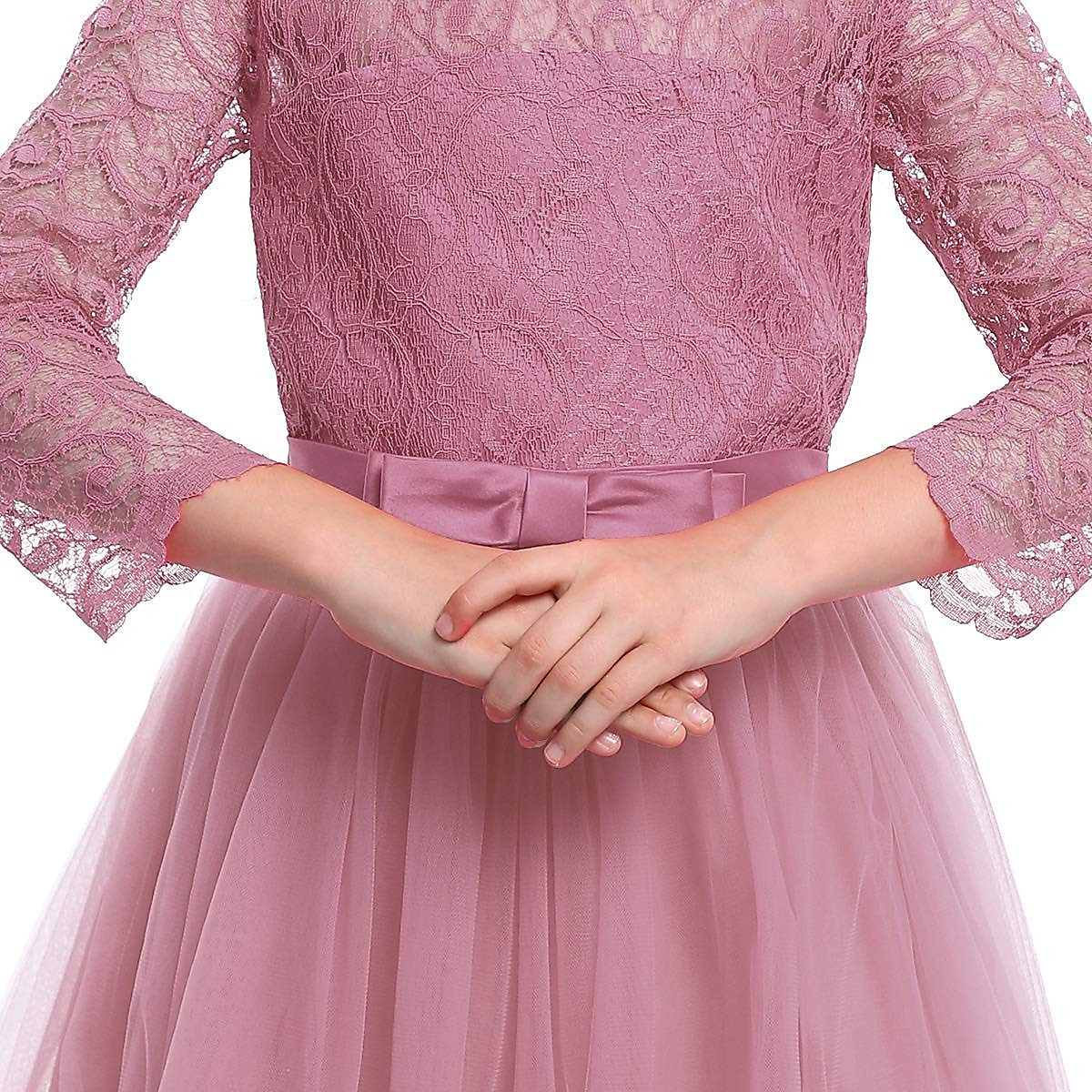 Flower Girl Long Princess Dress Vintage Lace Maxi Gown Kids Formal Wedding Bridesmaid Pageant Tulle Dresses Little Big Girls Elegant Bowknot Dance First Communion Birthday Prom Dresses Dark Pink 7-8Y