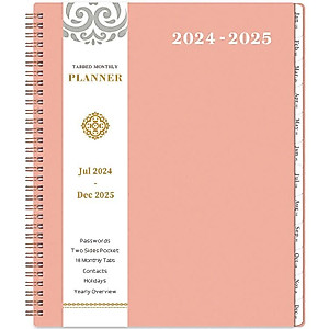 2024-2025 Monthly Planner - Monthly Planner 2024-2025, Jul. 2024 - Dec. 2025, 9" x 11", 18-Month Planner, Tabs & Pocket, Twin-Wire Binding - Rosy Pink