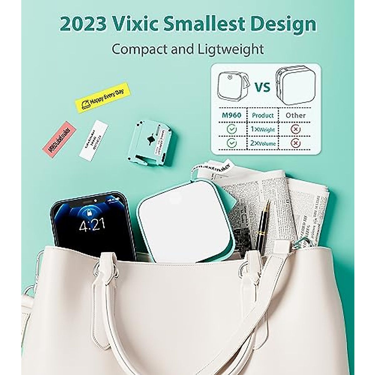 Vixic M960 Label Makers - Bluetooth Mini Label Maker Machine with Tape - Portable Handheld Label Printer,Easy to Use Smartphone Labeler for Home School Small Business Office Organizing, Rechargeable