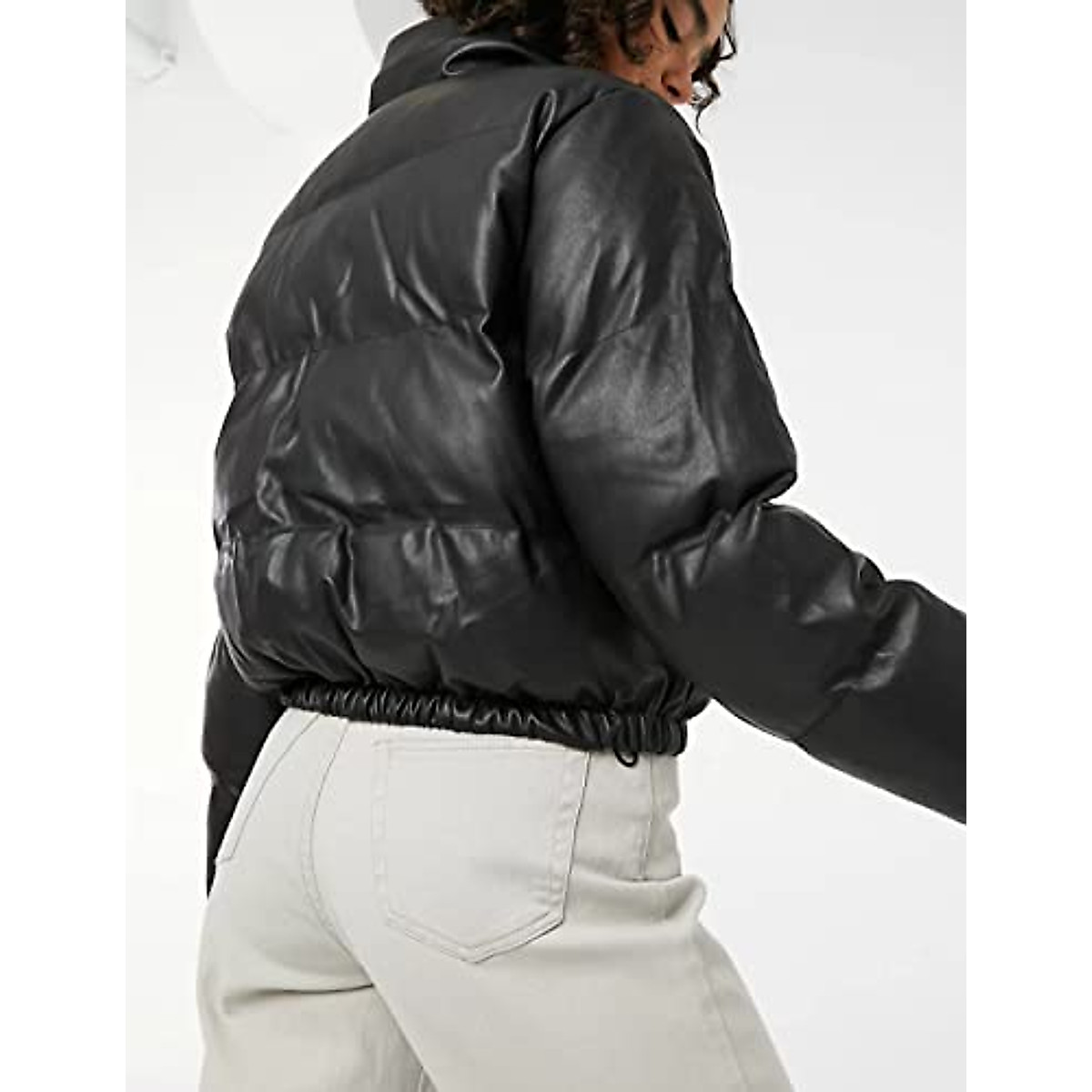 Tanming Womens Faux Leather Puffer Jacket Winter Long Sleeve Black Short Bubble Coat (Black-S)