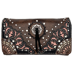 Justin West Autumn Fringe Cut Concho Rhinestone Concealed Carry Handbag Purse Matching Wallet (Brown Purse and Wallet)
