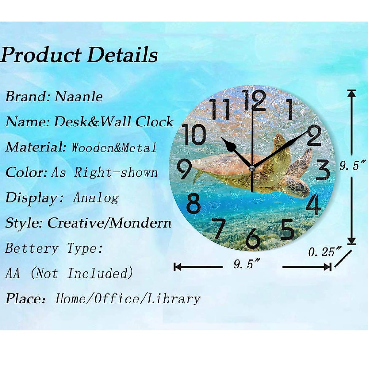 Naanle Chic 3D Underwater Ocean Swimming Sea Turtle Print Round Wall Clock Decorative, 9.5 Inch Battery Operated Quartz Analog Quiet Desk Clock for Home,Office,School