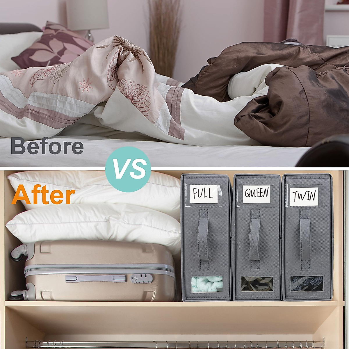 3 Pack Bed Sheet Organizers and Storage,Fabric Foldable Sheet Organizer, Zipper Bedding Sheet Storage Box, Linen Closet Organizer for Bedsheet Set,Clothing,Duvet Covers,Pillowcases(Queen/King Size)