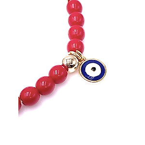 LESLIE BOULES Saint Benedict Red Glass Beads Bracelet Genuine Azabache and Blue Evil Eye Handmade Jewelry