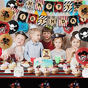 CAILESS Birthday Party Decorations - Pirates Birthday Party Decorations 103Pcs, Included Pirates Theme Banner Cake Toppers 12'' Latex Balloons Swirls Decor Pirates Foil Balloons for Pirates Party