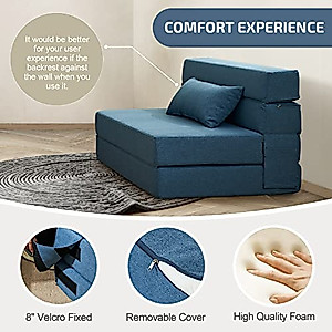 SUYOLS Folding Sofa Bed with Pillow - Convertible Chair Floor Couch & Sleeping Mattress - Foldable Memory Foam Sleeper for Living Room/Dorm/Guest Room/Home Office/Apartment/Upstairs Loft, Light Blue