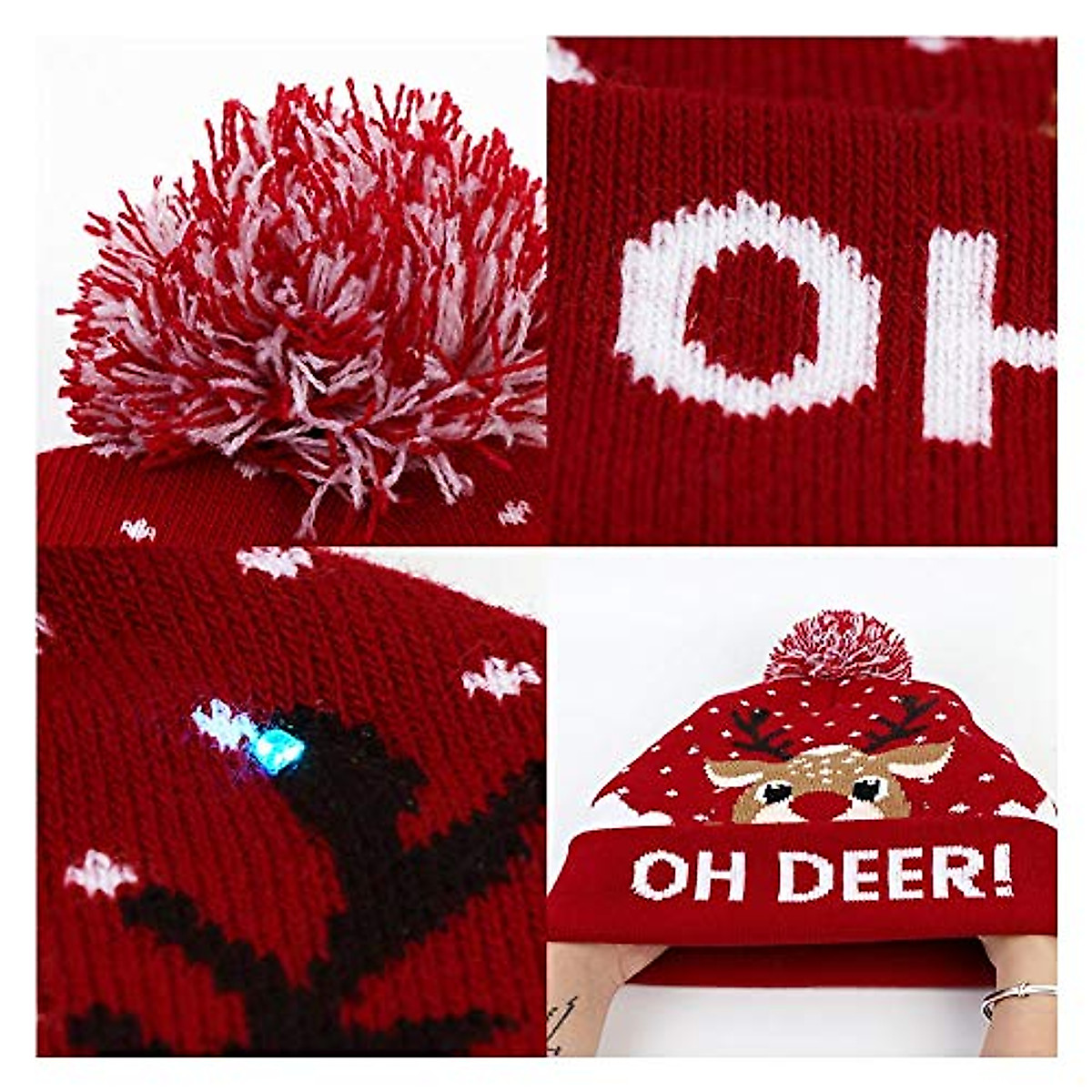 OurWarm LED Christmas Hat, Light Up Christmas Hat Unisex Red Knitted Beanie Holiday Hat with Deer Printing for Party Christmas Gifts