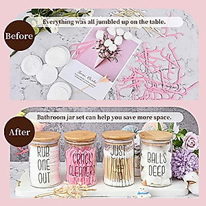 TUZAZO 4 Pack Glass Qtip Holder Apothecary Jars with Bamboo Lids, Clear Bathroom Organizer Storage Canisters Set Bathroom Jars for Cotton Balls, Floss, Cotton Rounds and Cotton Swab Holder