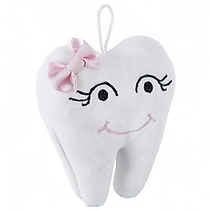 Stephan Baby Plush Tooth-Shaped Fairy Pillow, White with Pink Bow, 5 1/2 inch