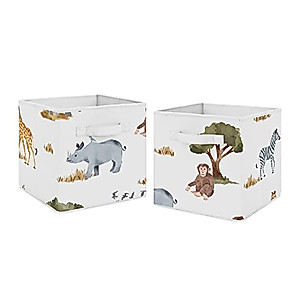 Sweet Jojo Designs Jungle Animals Foldable Fabric Storage Cube Bins Boxes Organizer Toys Kids Baby Set of 2 Dark Hunter Green Yellow Grey Black White Wildlife Safari Elephant Giraffe Monkey Leopard