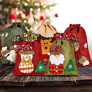 Whaline Drawstring Christmas Bags, 3D Xmas Gift Bags, Christmas Wrapping Bags, Xmas Goodie Bags, Red Treat Pouch Bags, Sack Stockings, Party Favor Bags, 8 x 11in, 8 x 12in (5 Pack)